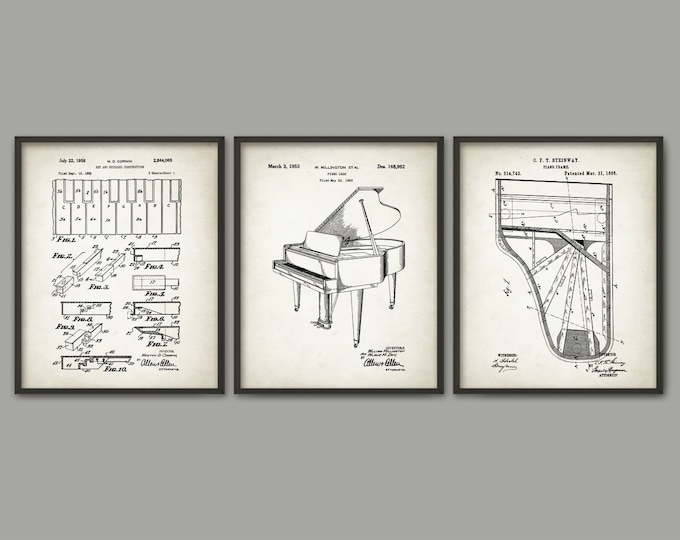 Piano Wall Art Set of 3, Piano Keys Patent Design, Music Room, Piano ...
