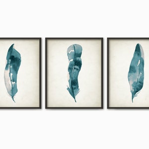 Teal Feather Print Set of 3, Watercolor Feathers Wall Art, Rustic Home ...