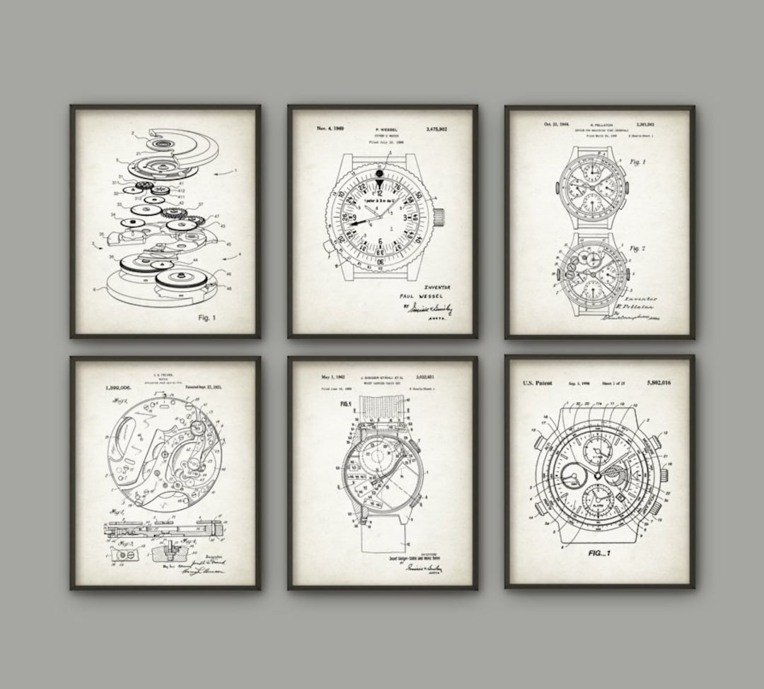 Watch Wall Art Set of 6 Prints, Watch Mechanism, Watch Schematic, Watch ...