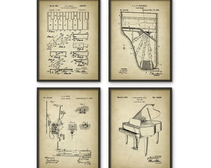 Piano Wall Art Set of 3, Piano Keys Patent Design, Music Room, Piano ...