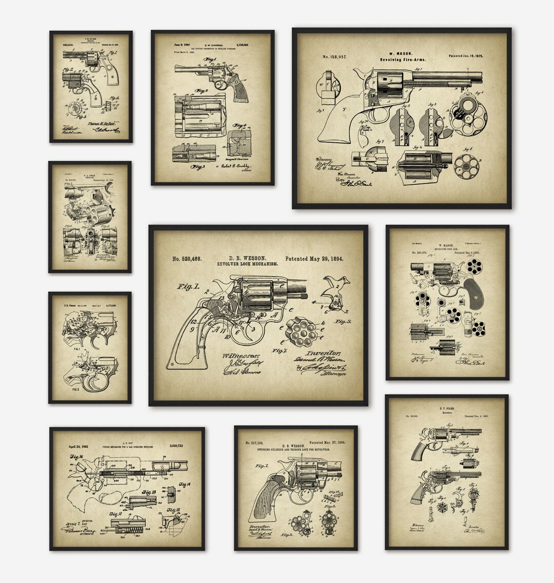 Revolver Gun Patent Print Set of 10 - Revolver Patents - Gun Design ...