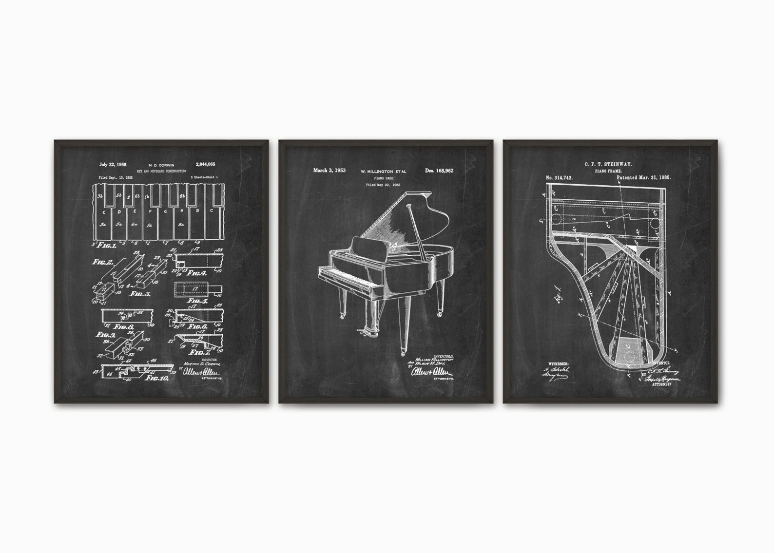 Piano Patent Print Set of 3 - Pianist Musician Wall Decor - Steinway ...