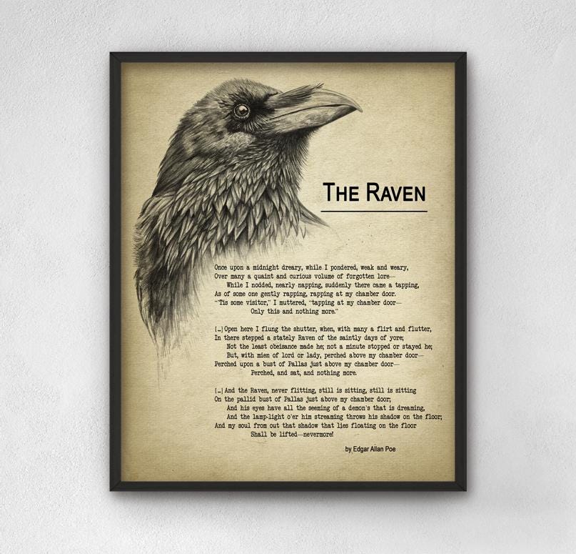 The Raven Poem by Edgar Allan Poe Print, Raven Wall Art, Nevermore ...