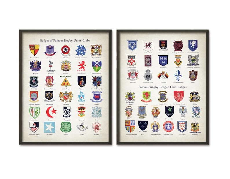 Rugby League and Union Club Badges Wall Art Set of 2, Vintage UK Rugby ...