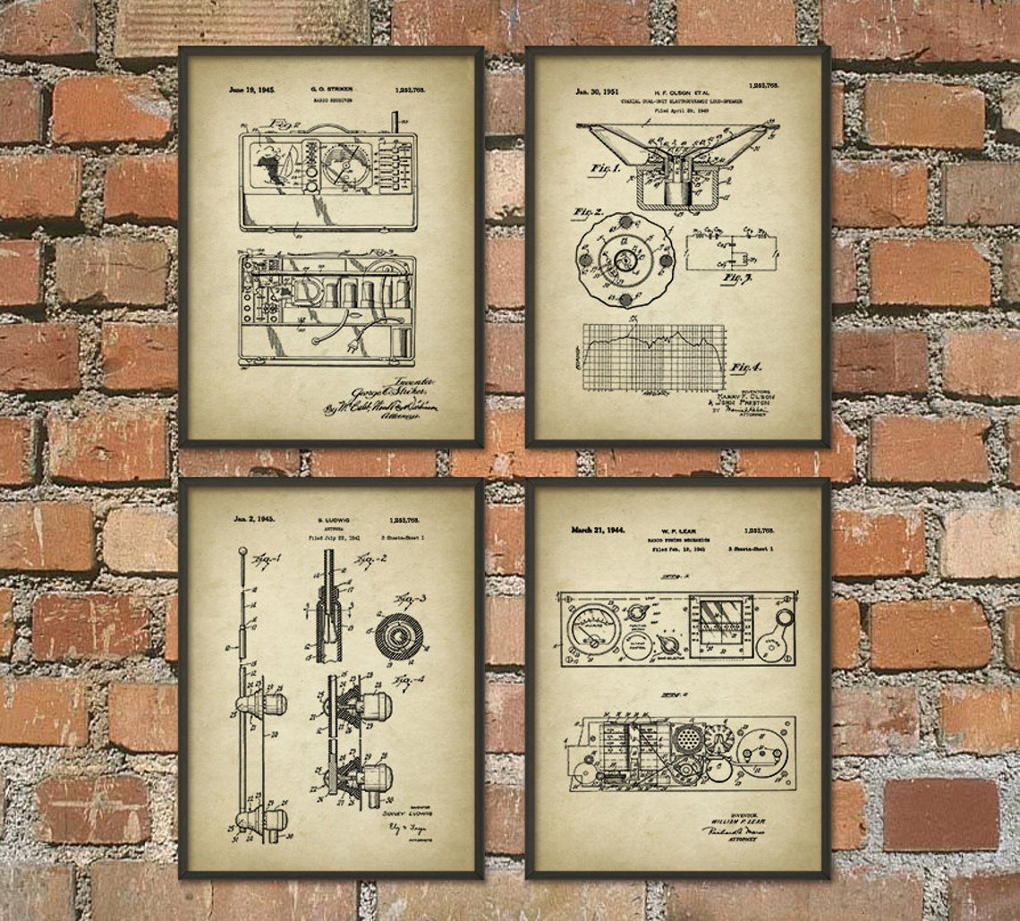 Radio Patent Prints Set of 4 - Engineering Patent - Lear Radio Receiver ...