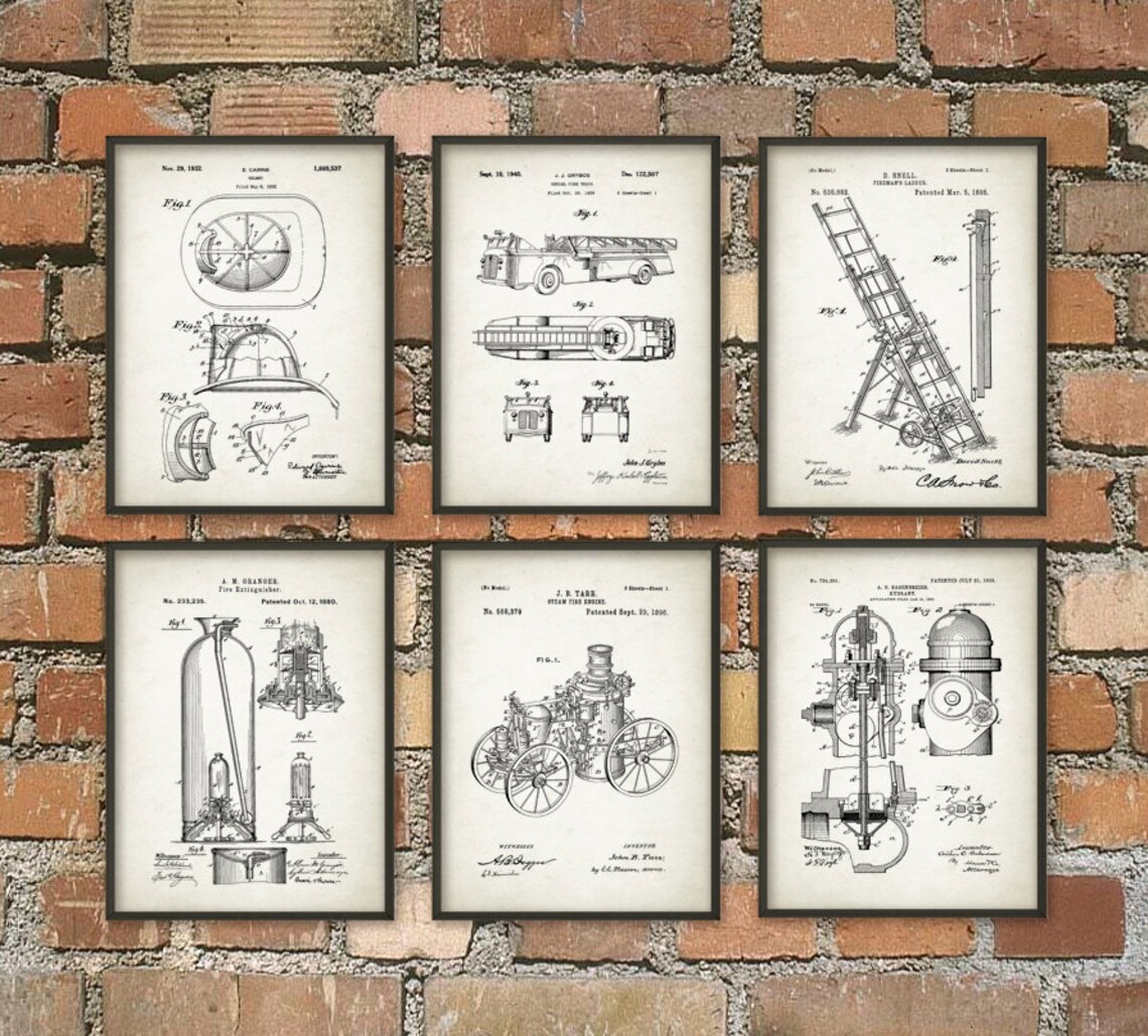 Firefighting Patent Prints Set of 6 - Firefighter Art Posters - Fireman ...