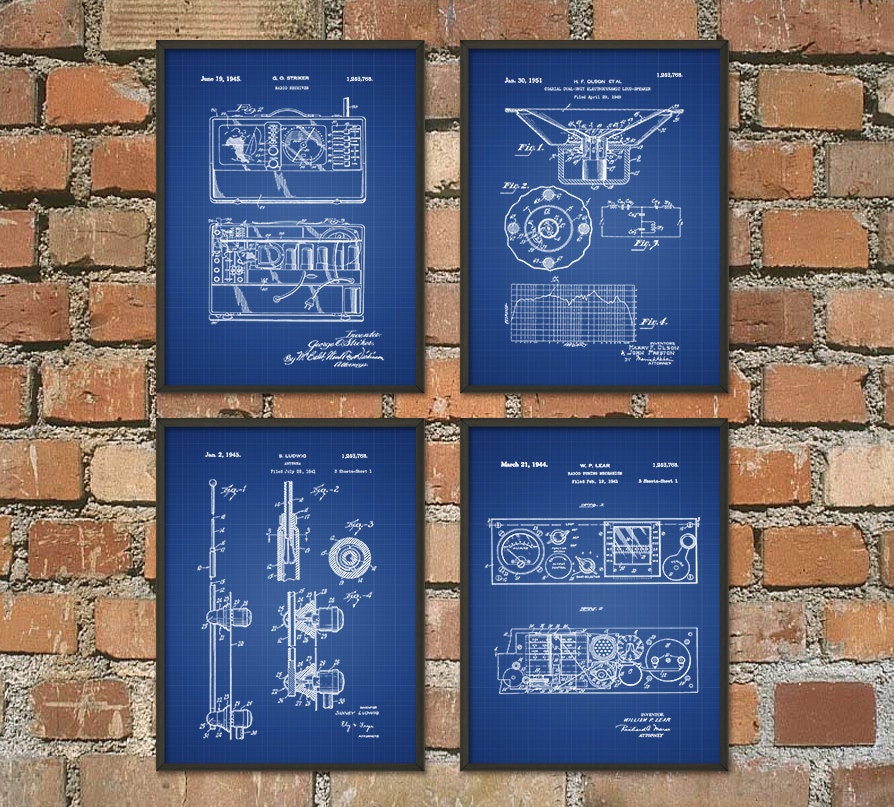 Radio Patent Prints Set of 4 - Engineering Patent - Lear Radio Receiver ...