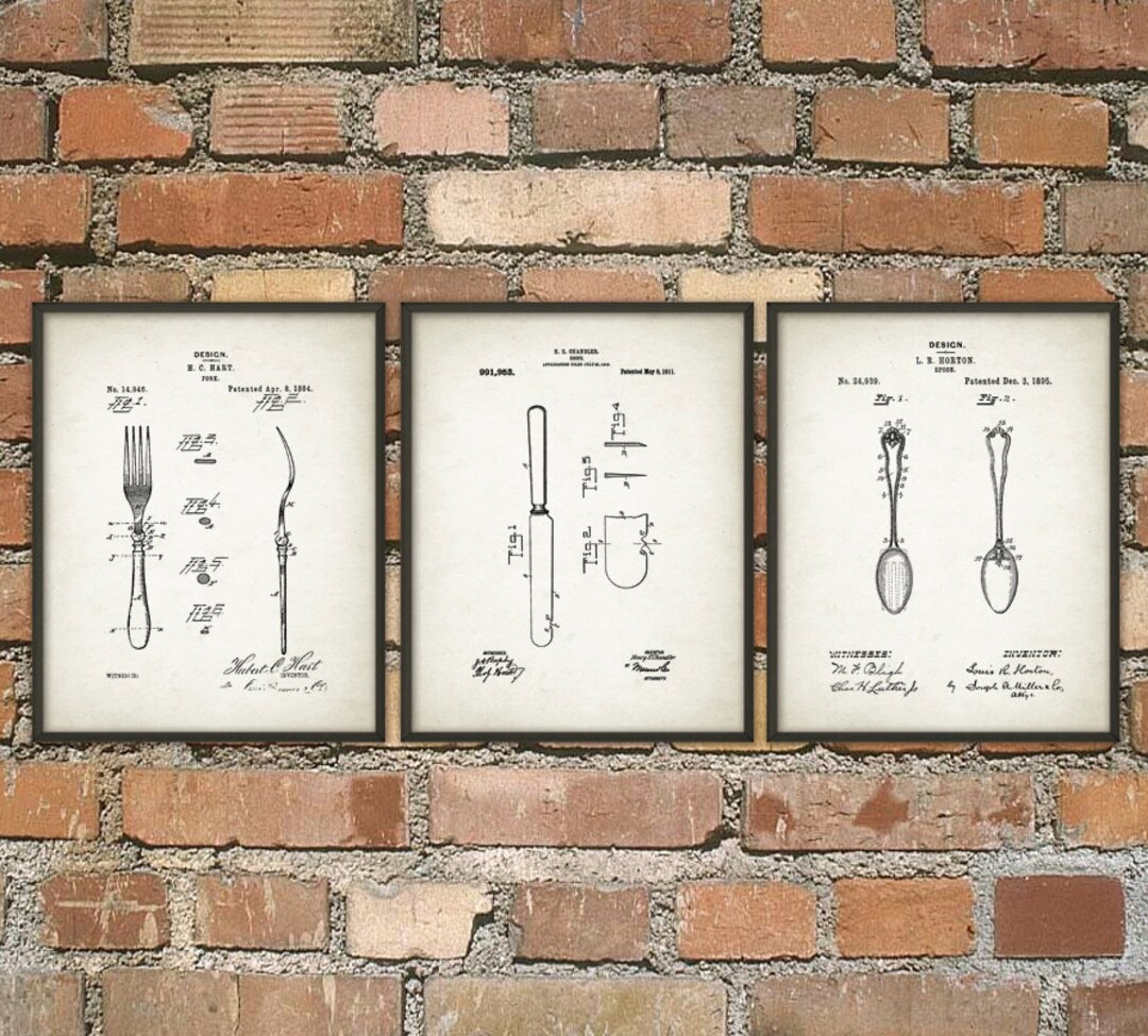 Fork, Knife and Spoon Patent Prints Set of 3 - Silverware Art - Home ...