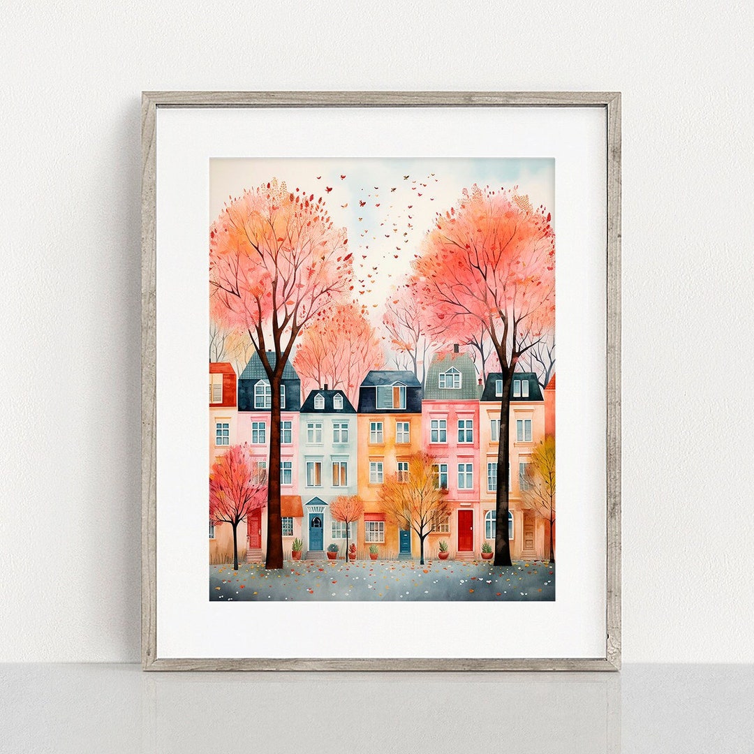 A Little Town in Autumn Print, Cute Little Houses and Autumnal Trees ...