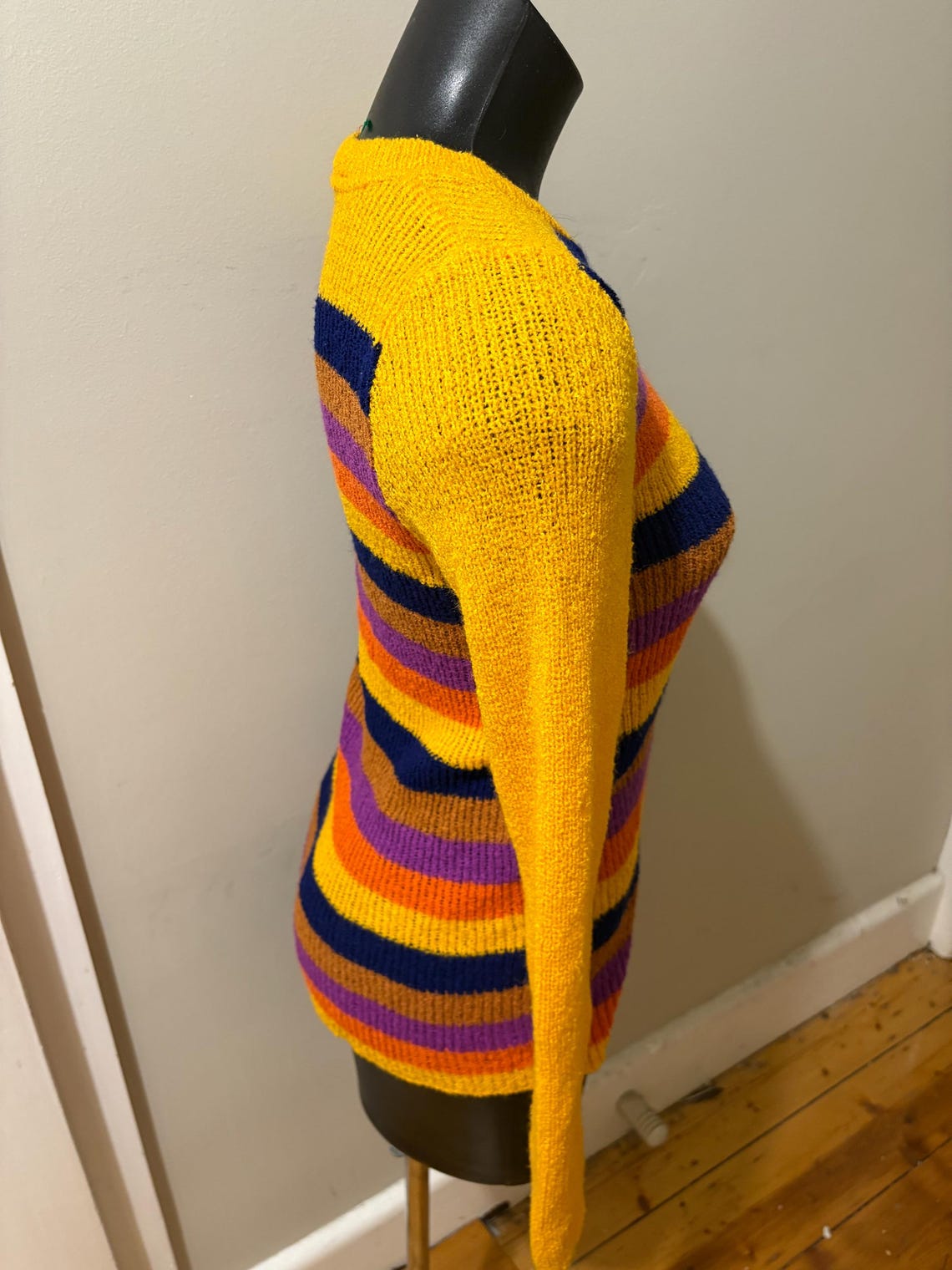 Womens Vintage 70s Striped Sweater Knit Top Jumper Sz M Yellow Stripe ...