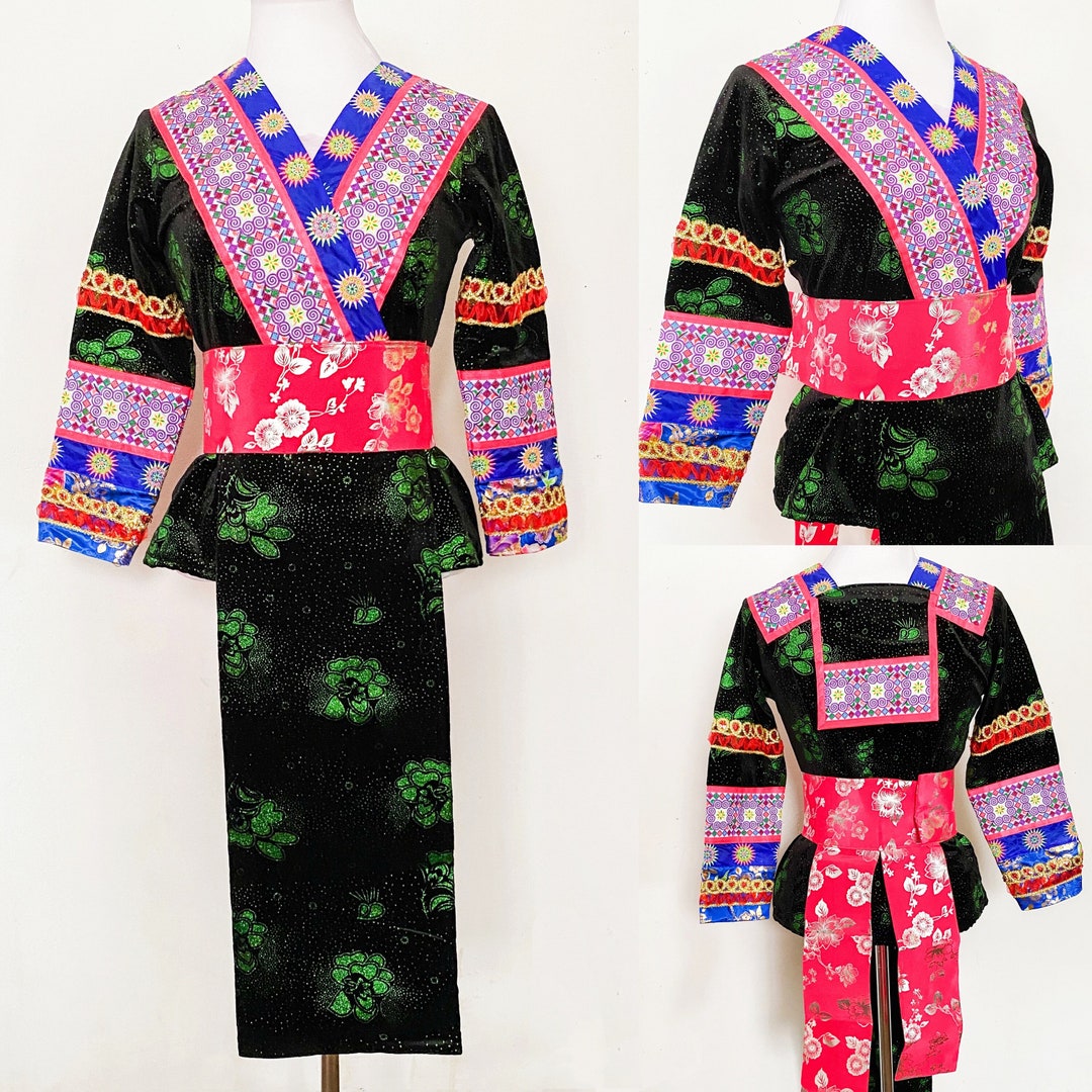 Women's Hmong Black Velvet Green Holographic Floral Outfit With Royal ...