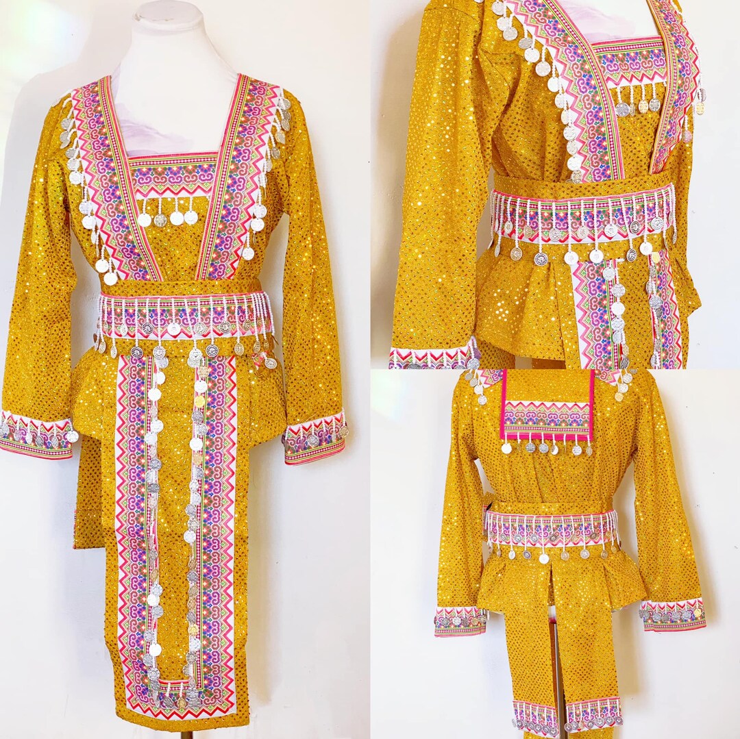 Women's Size 38 Sparkly Gold Hmong Outfit With Fake Aluminum Beaded ...