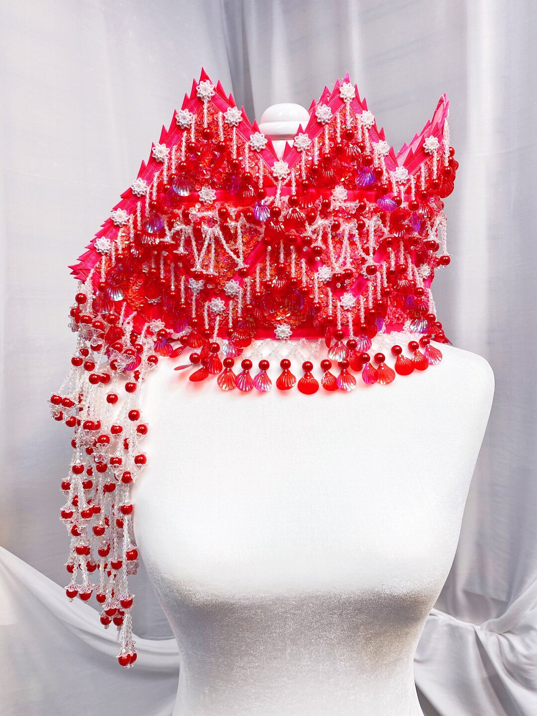 Red and Pink Hmong Princess/crown Hat With Shell Beads, Flowers and ...