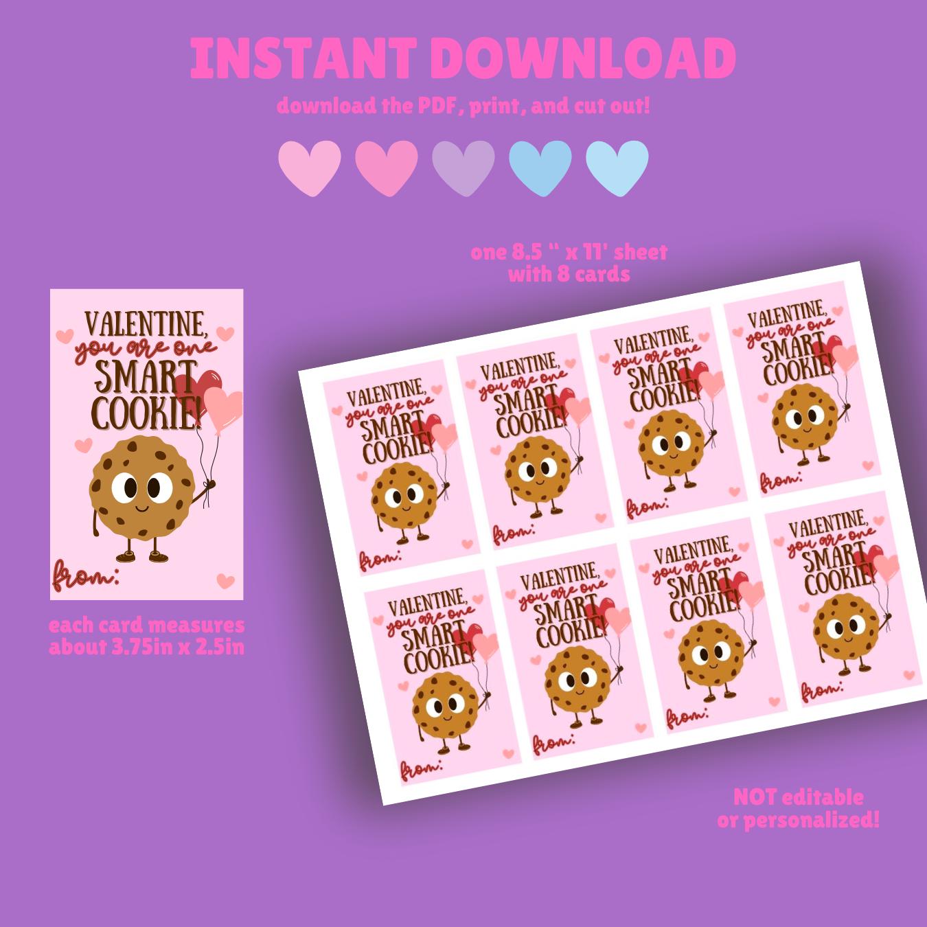 Printable Cookie Valentine, Instant Download for Classroom Valentines ...