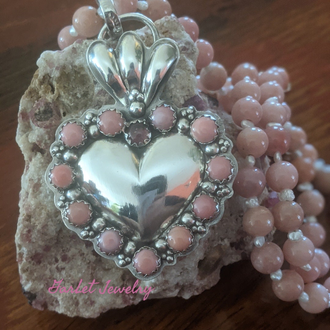 Milagro Silver Sacred Heart With Pink Queen Conch Stones and Pink ...