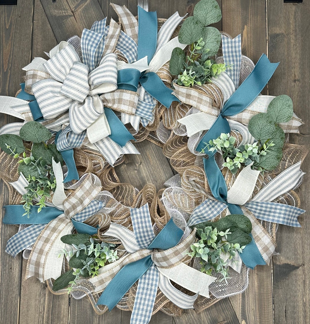 Summer Wreath, Farmhouse, Ticking Stripe, Country Rustic Style ...