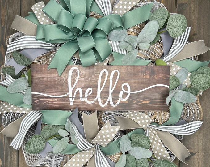 Any Season Sage Green Hello Wreath, Farmhouse Country Rustic Welcome ...