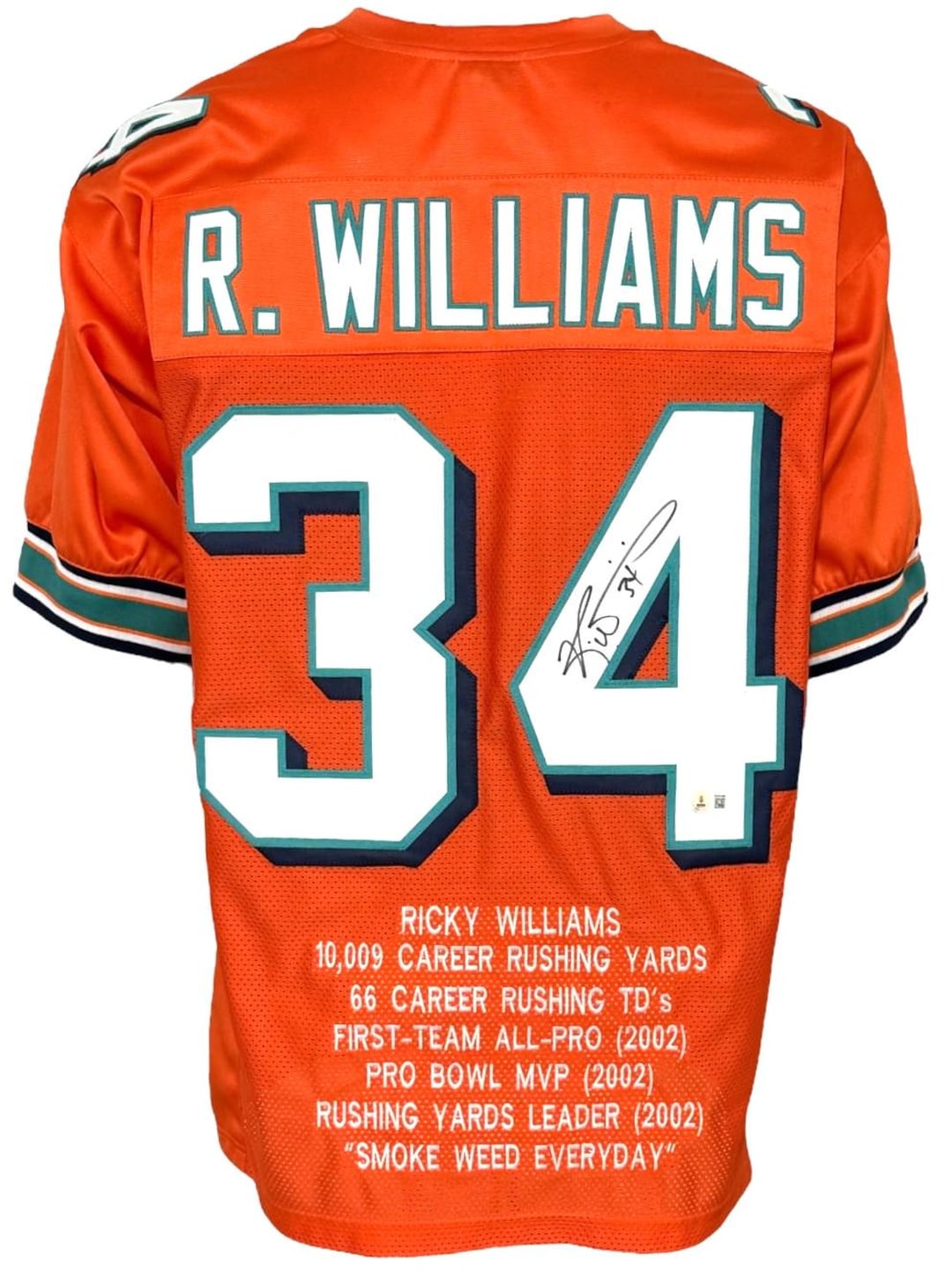 Miami Dolphins Ricky Williams Autographed Pro Style Orange Stat Jersey ...