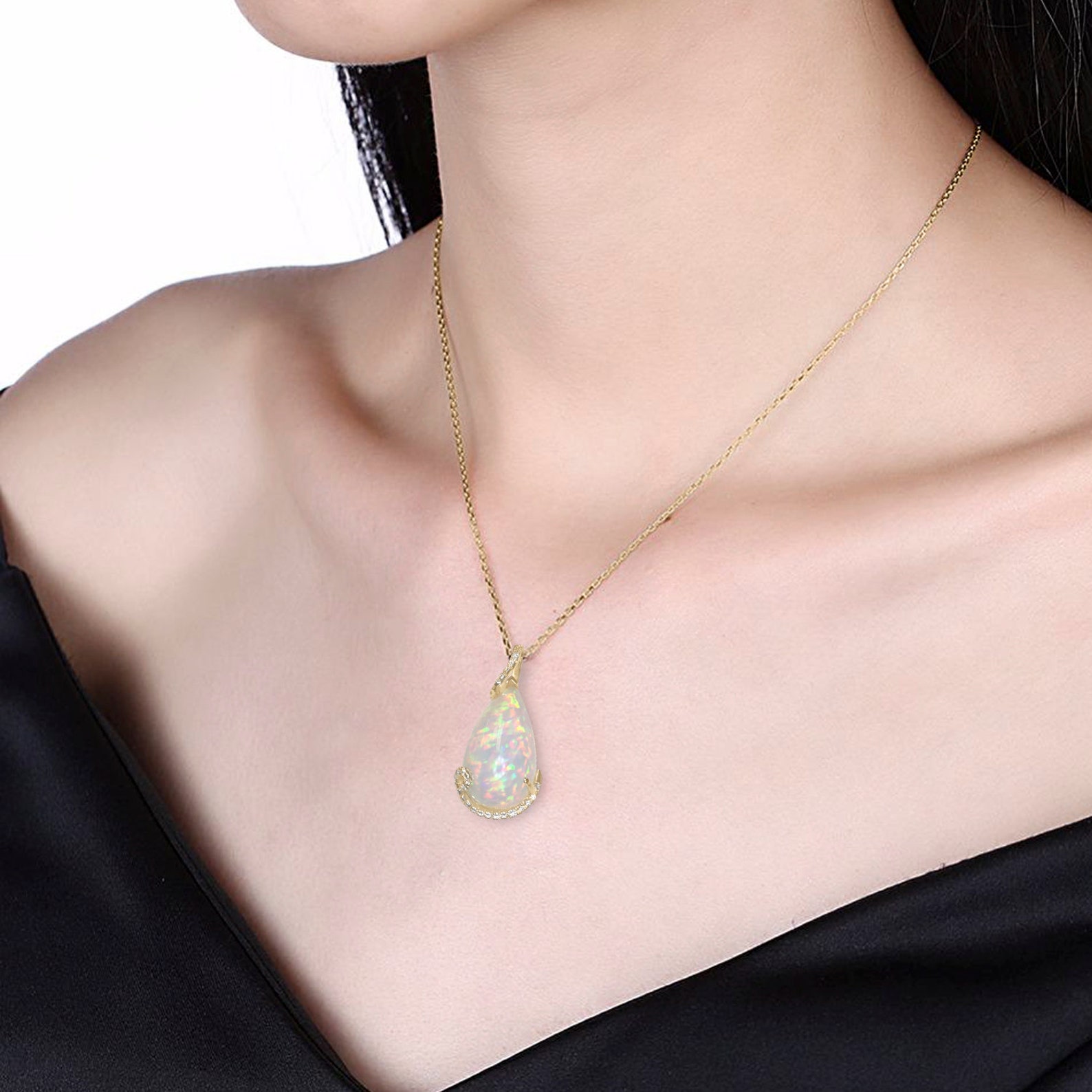 Opal Pendant Necklace Diamond- Natrual Opal - Pendant in 14K Yellow ...