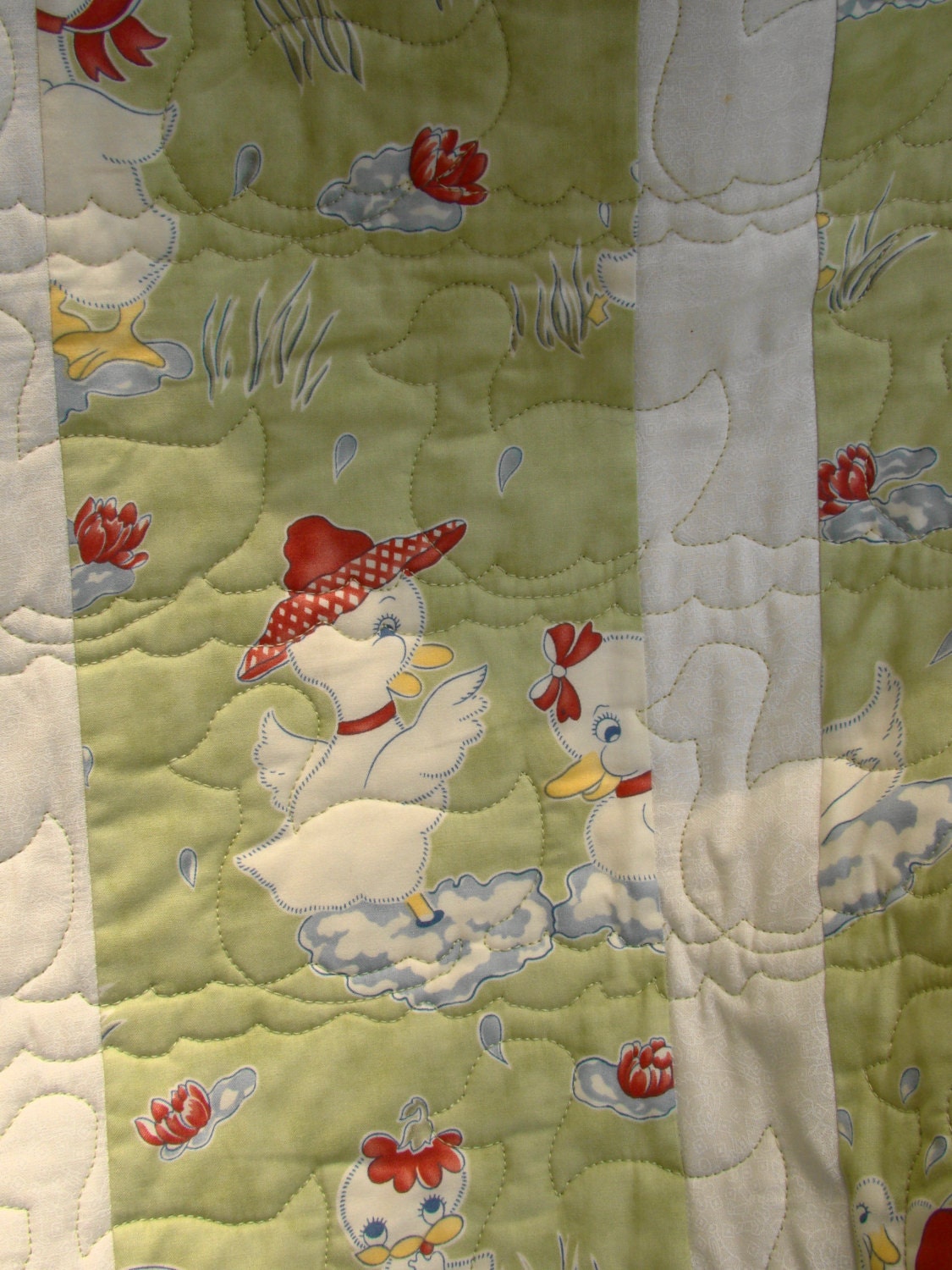Child's Quilt With Ducks at Play "puddle Ducks" Mint Green, Accents of ...