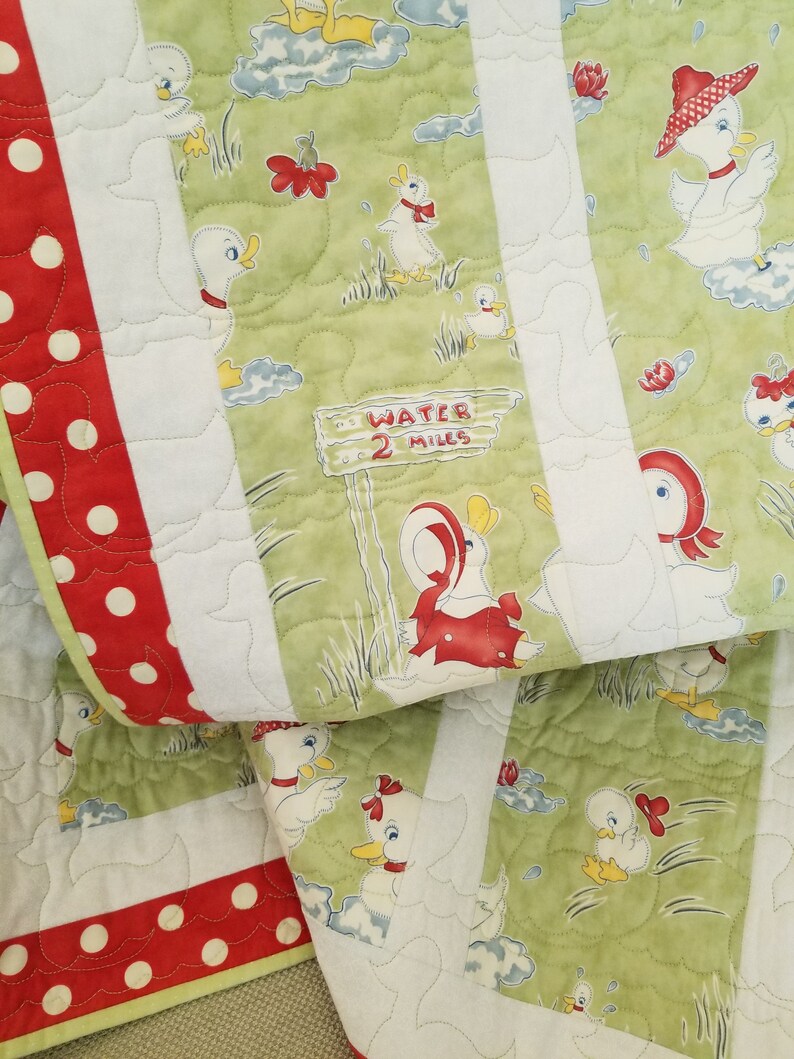 Child's Quilt With Ducks at Play "puddle Ducks" Mint Green, Accents of ...