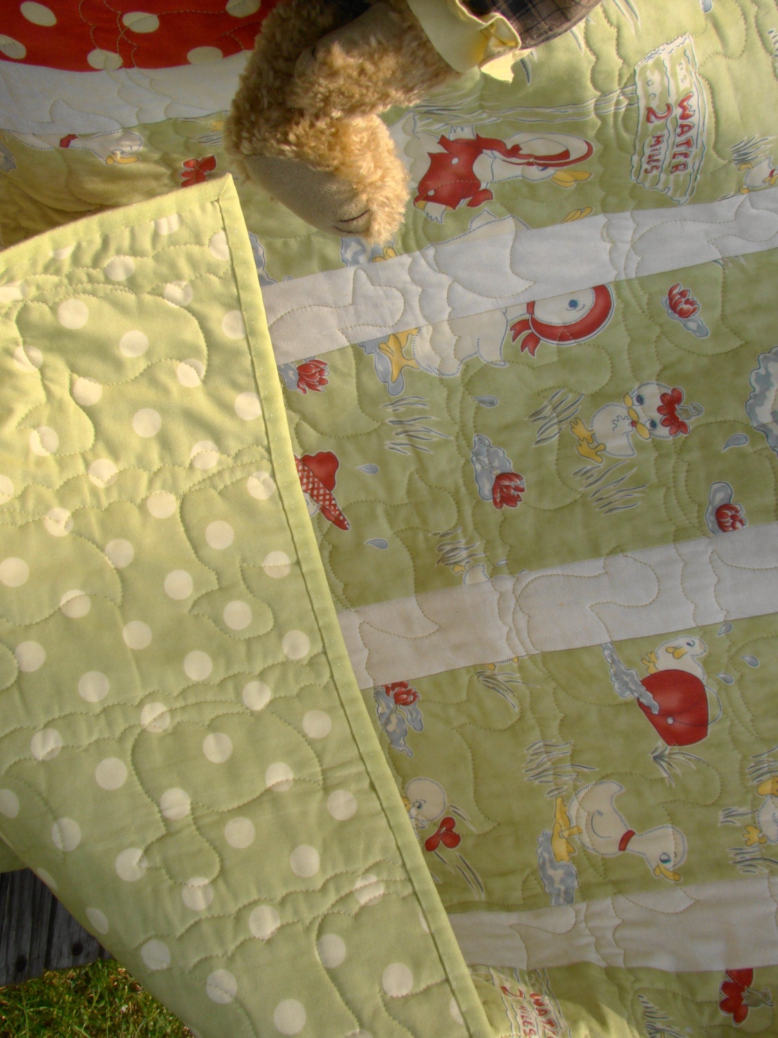 Child's Quilt With Ducks at Play "puddle Ducks" Mint Green, Accents of ...