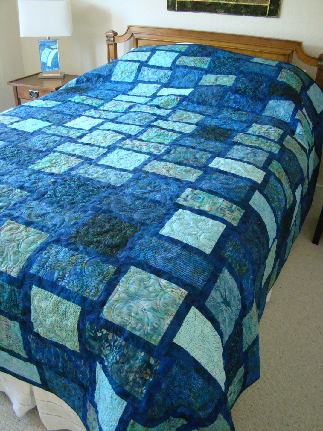King or Queen Sized Batik Quilt in Fabulous Midnight Blue Pallet, Hand ...