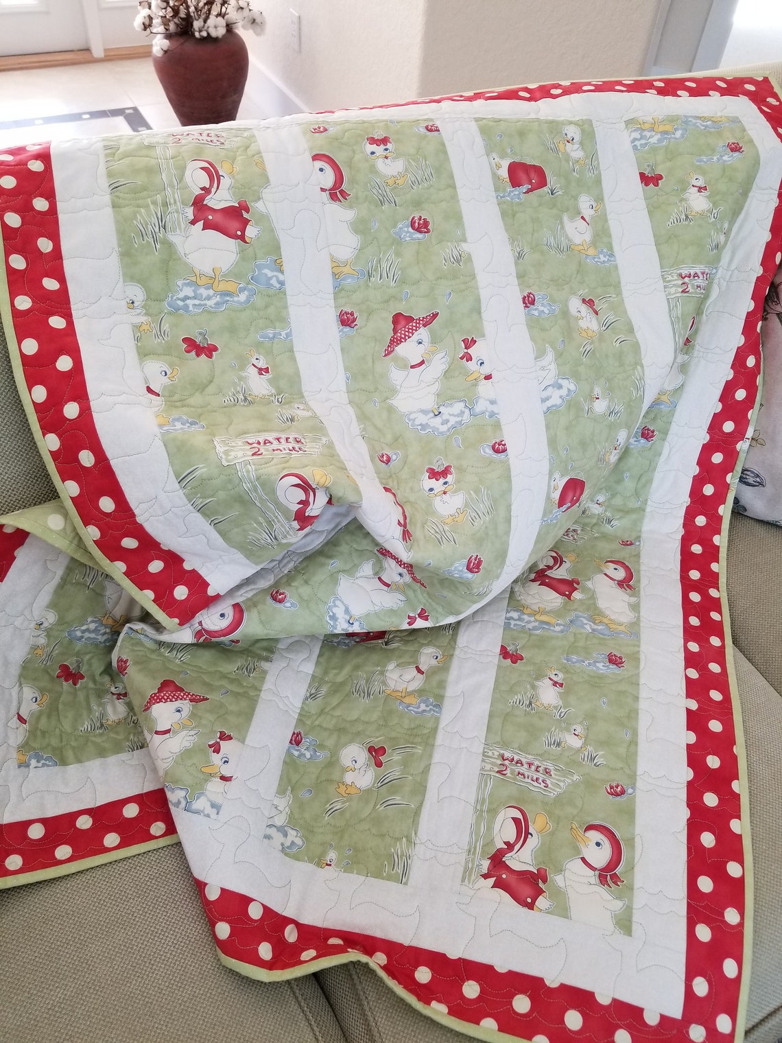 Child's Quilt With Ducks at Play "puddle Ducks" Mint Green, Accents of ...