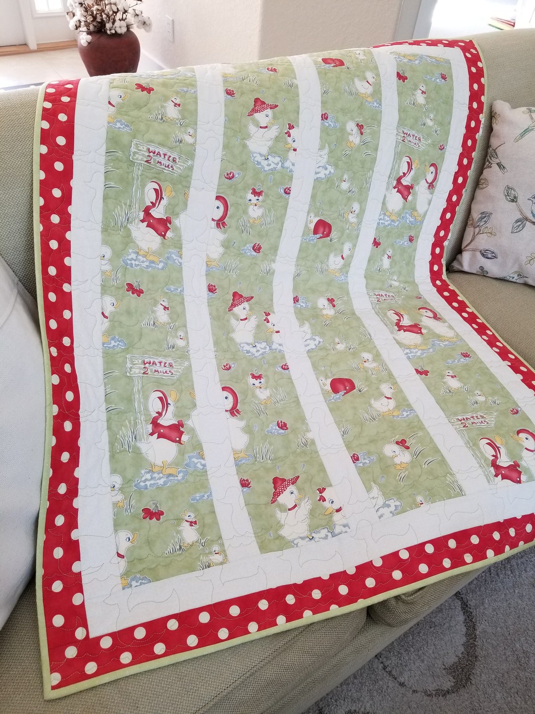 Child's Quilt With Ducks at Play "puddle Ducks" Mint Green, Accents of ...