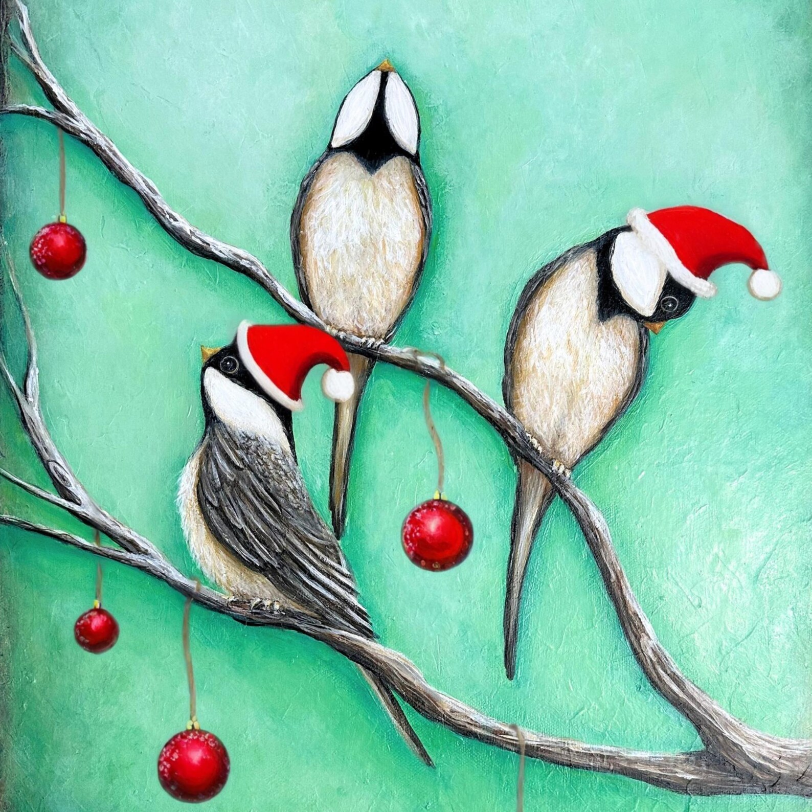Santa Chickadees on Branch Print, Christmas Bird Holiday Wall Art - Etsy
