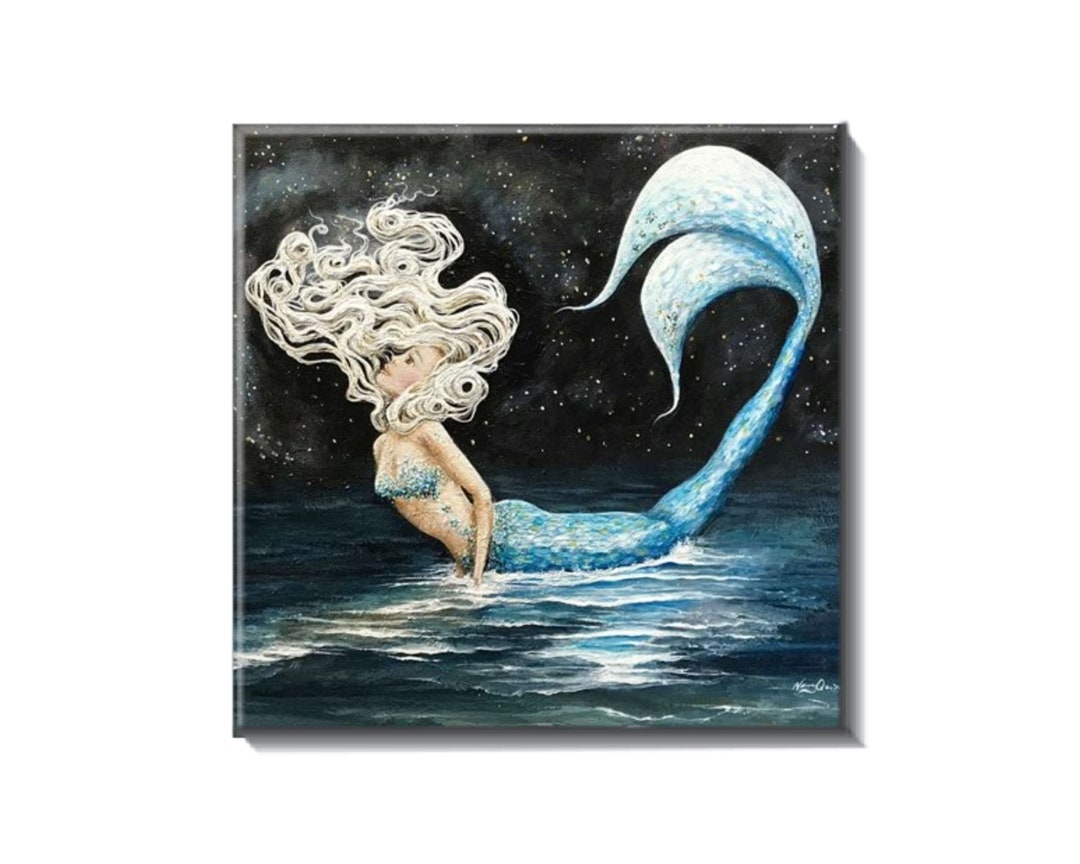 Mermaid Ceramic Tile on Beach at Night, Coastal Home Backsplash Art - Etsy