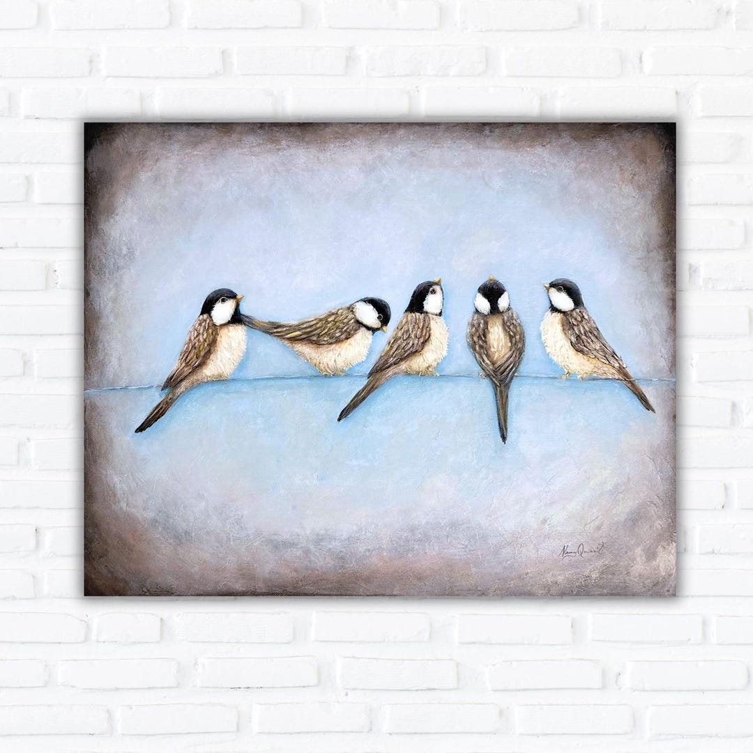 Five Chickadee Birds on Wire Art Print Made From Painting - Etsy