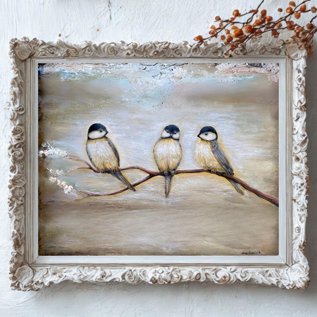 Three Chickadee Birds on Tree Branch Art Print - Etsy