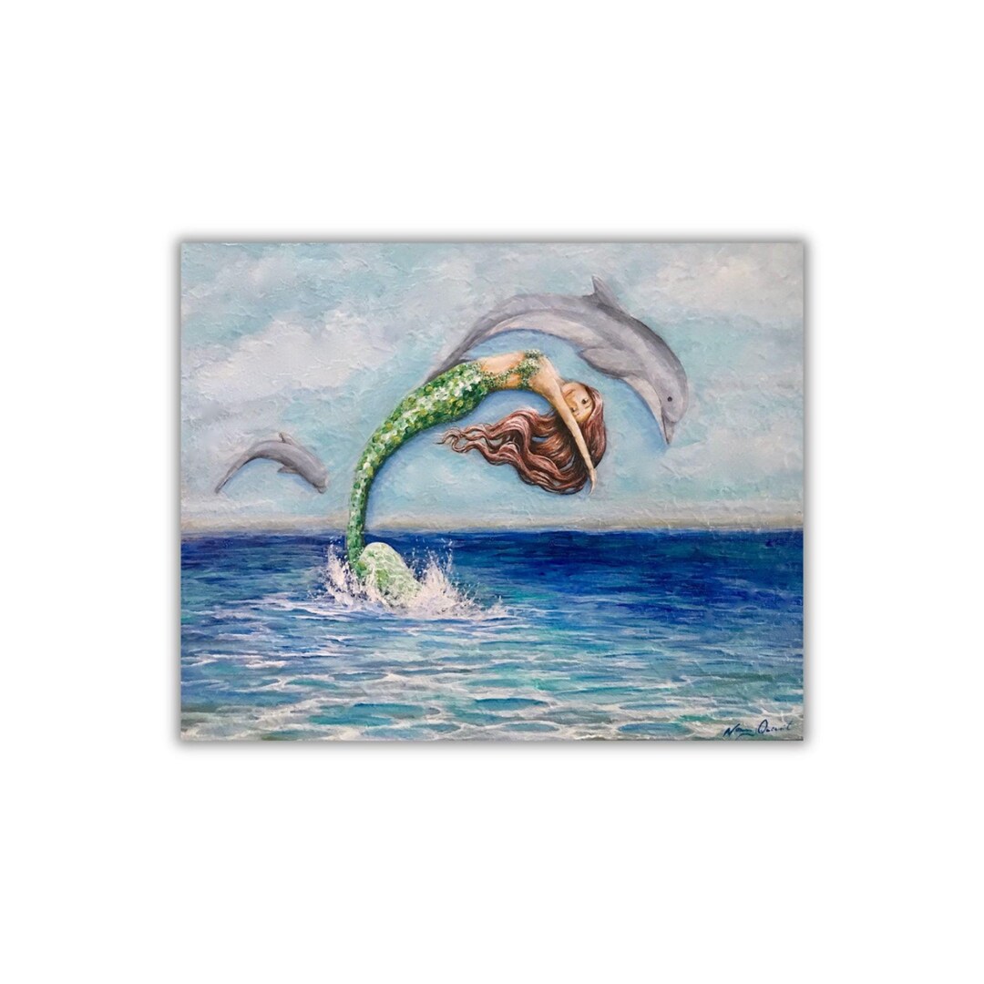 Mermaid With Dolphins Wall Art Print, Beach House Decor - Etsy