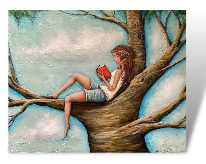 Woman Reading in Tree Painting on Canvas, Book Lovers Wall Art - Etsy