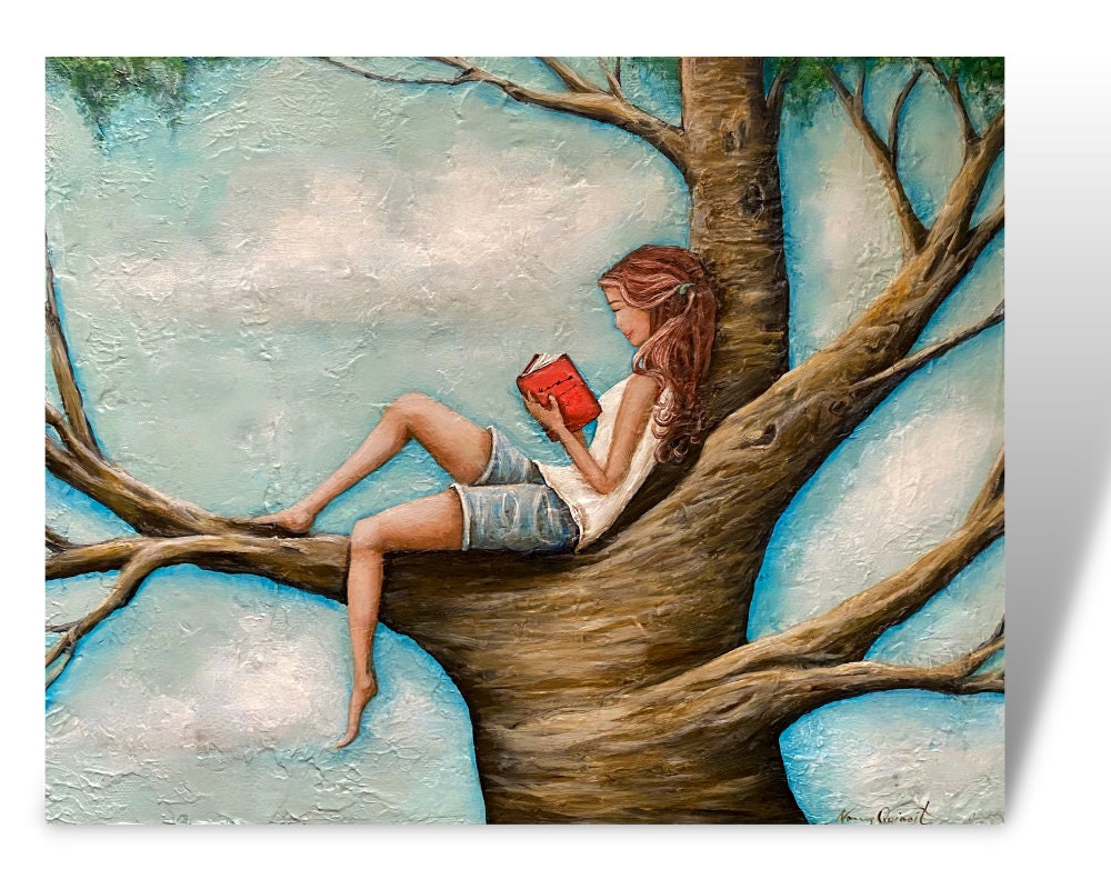 Girl Reading A Book Under A Tree Painting