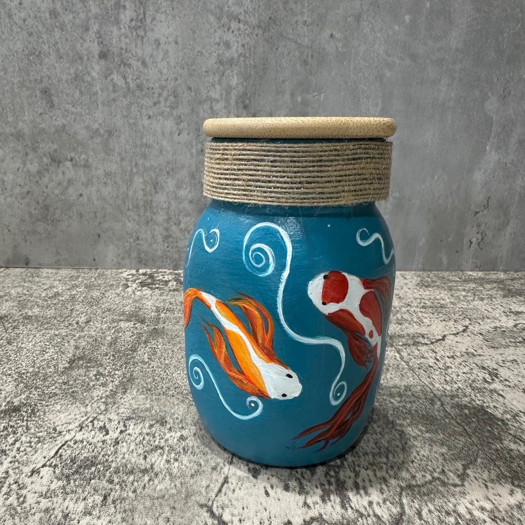 Teal Koi Fish Hand Painted Mason Jar, Unique Keepsake Table Accessory ...