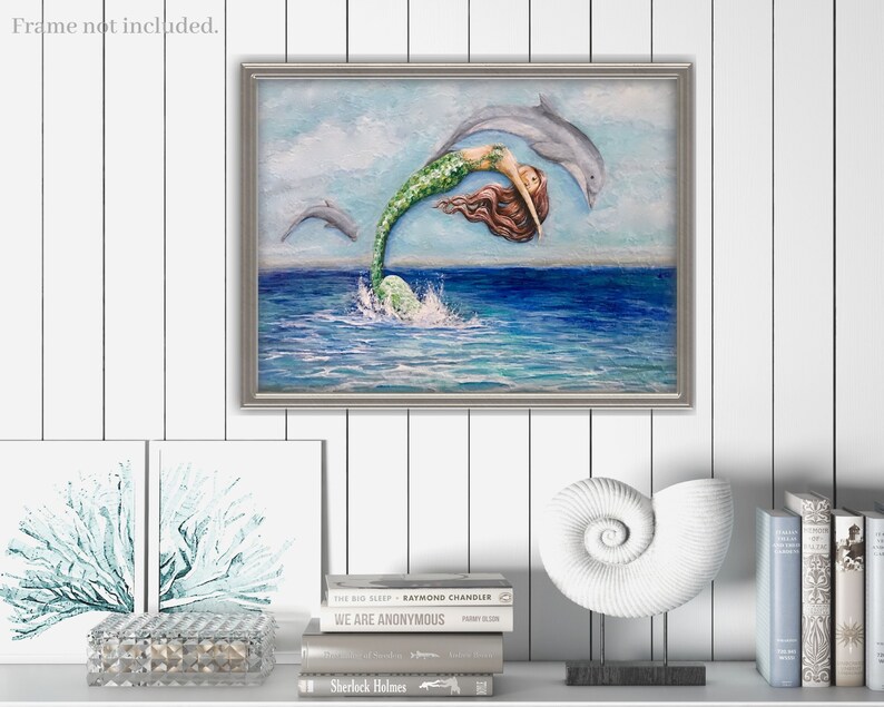 Mermaid with dolphins wall art print beach house decor | Etsy