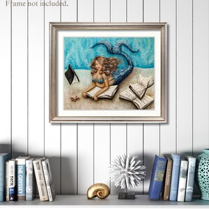 Mermaid Reading Book, Coastal Library Art Print, Girls Ocean Room Wall ...