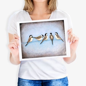 Five Chickadee Birds on Wire Art Print Made From Painting - Etsy