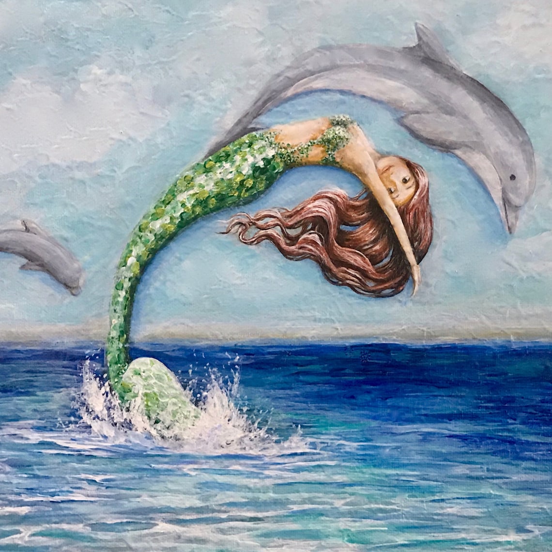 Mermaid With Dolphins Wall Art Print Beach House Decor | Etsy