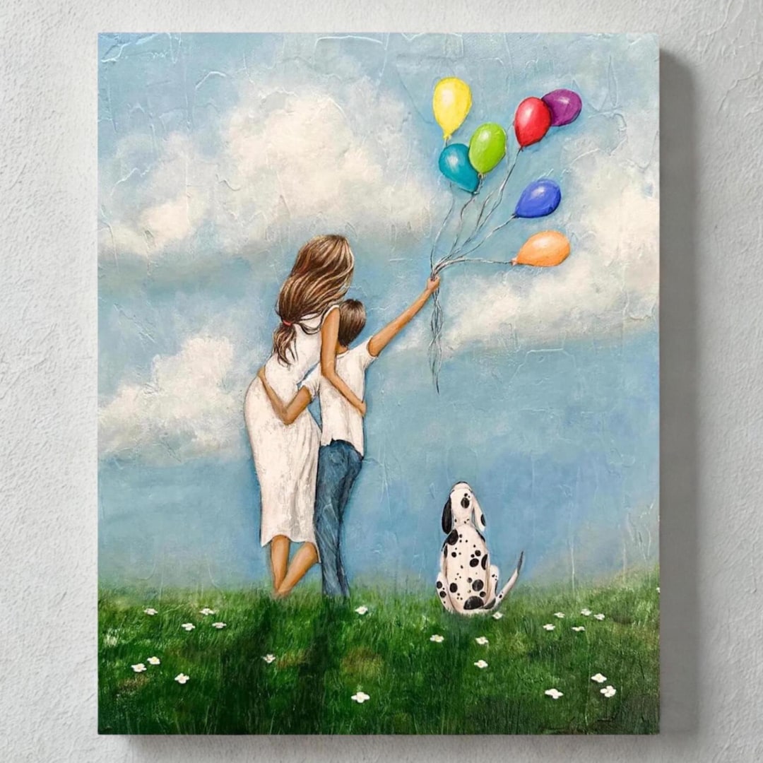 Mother, Son Dog Painting, Colorful Original Hand Painted Family Wall ...