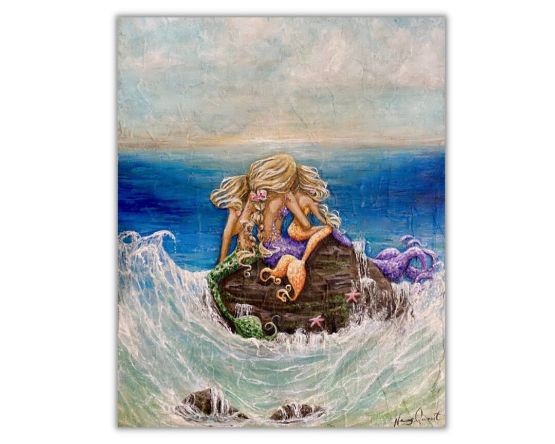 Mother and Two Daughter Mermaids Art Print Coastal Family - Etsy Finland