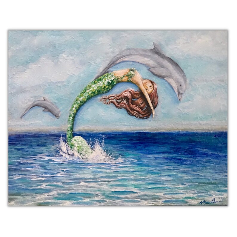 Mermaid With Dolphins Wall Art Print Beach House Decor - Etsy