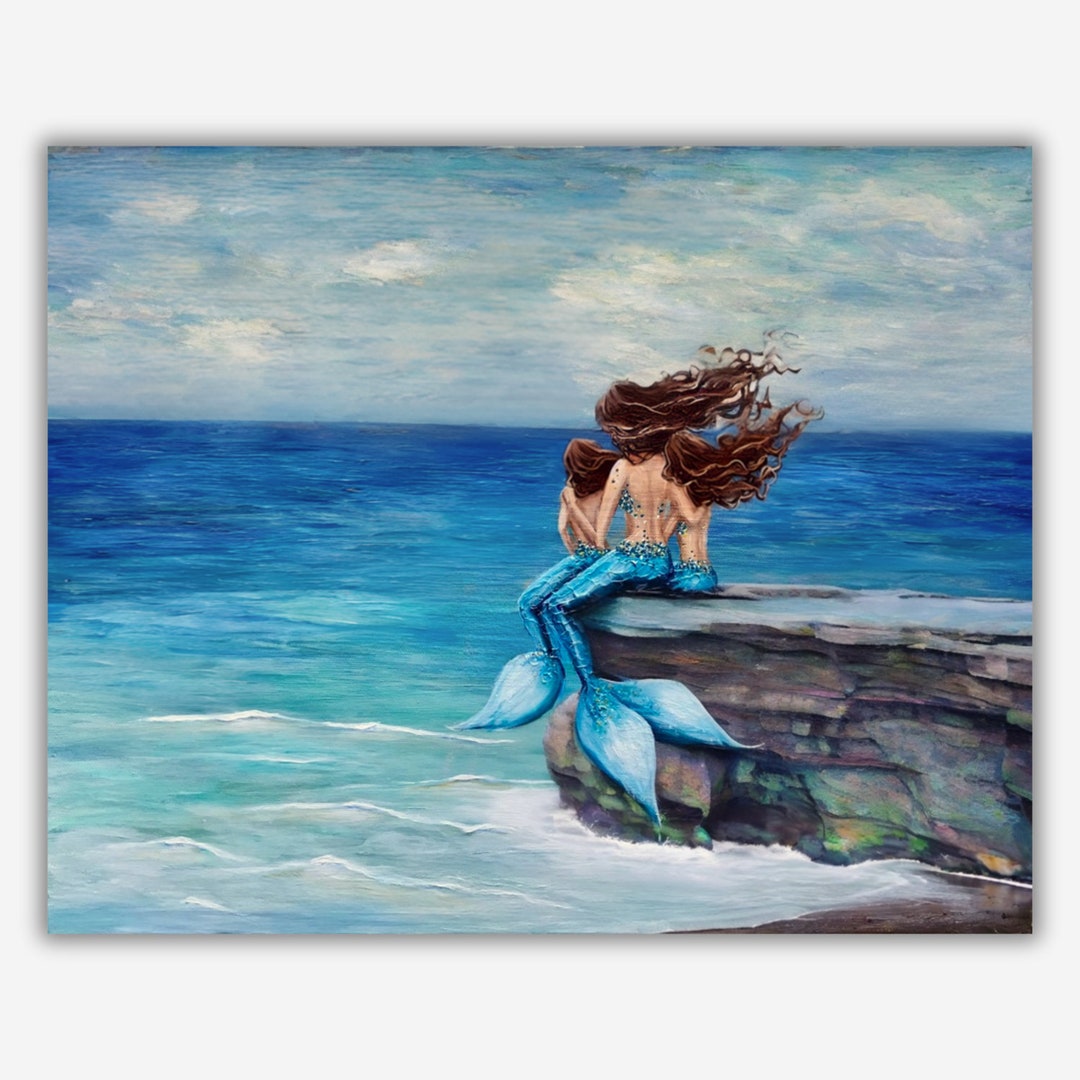 Brown Hair Mom Two Daughters Mermaid Seascape Art Print - Etsy