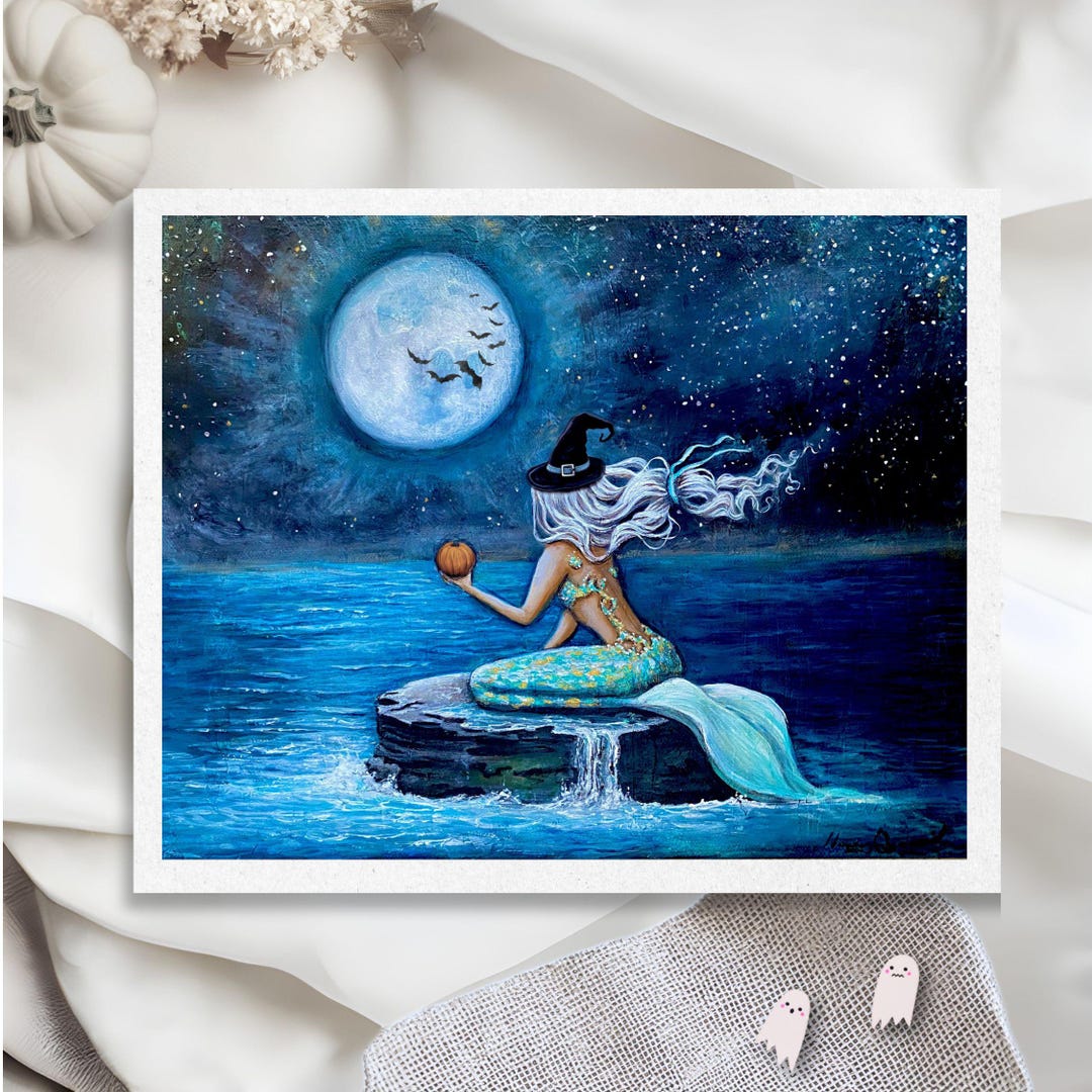 Halloween Mermaid Witch Print With Full Moon and Bats, Spooky Coastal ...