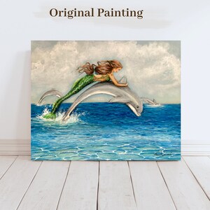 Mermaid Dolphin Original Painting on Canvas Coastal Art, Hand Painted ...