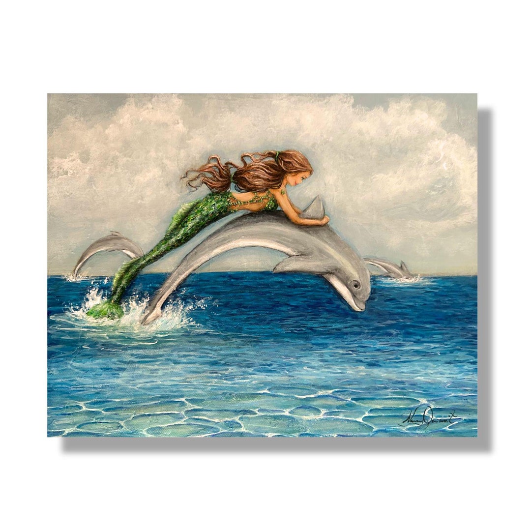 Mermaid With Dolphins Original Painting on Canvas Coastal Ocean Wall ...