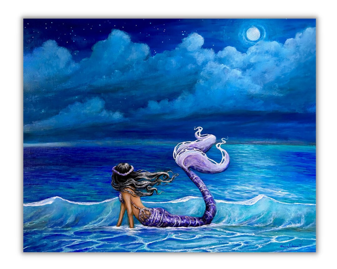 Tropical Purple Mermaid Under the Moon on the Beach - Etsy