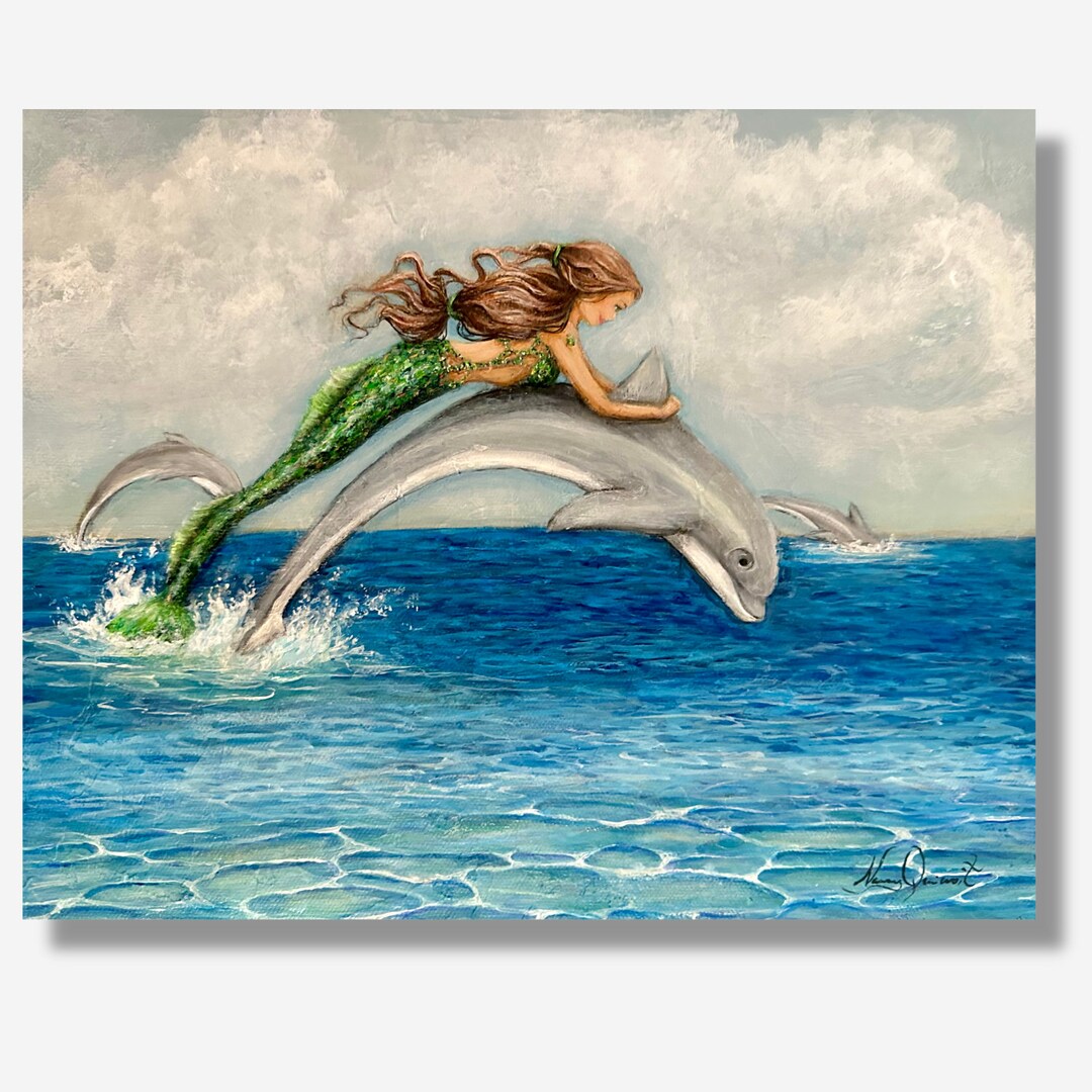 Mermaid Dolphin Original Painting on Canvas Coastal Art, Hand Painted ...